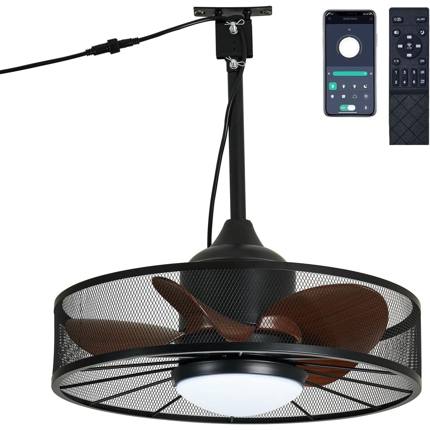 120 in. Wet Rated Outdoor Ceiling Fans with Light, Black Outdoor Fan w ...