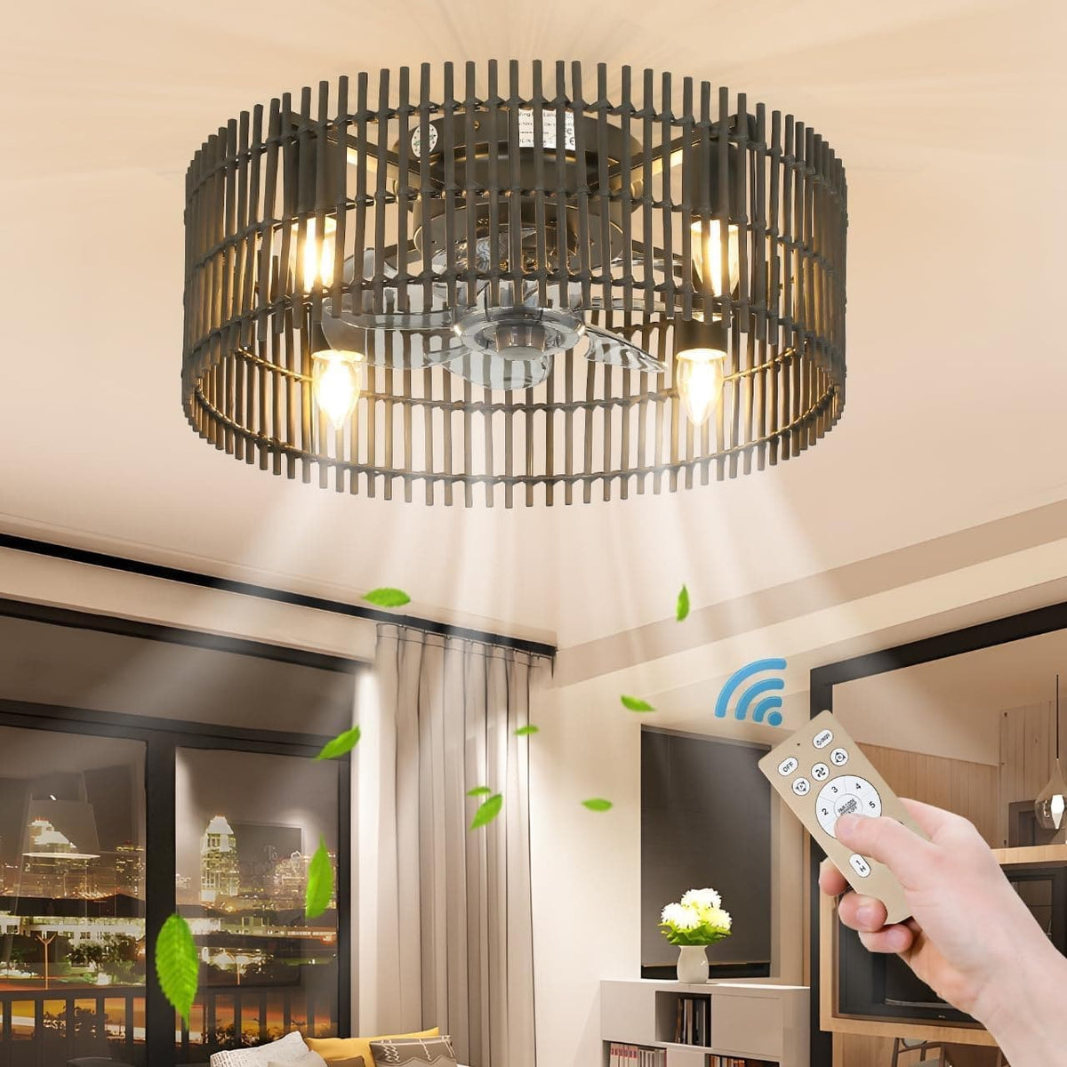 18 in. Boho Caged Ceiling Fan with Light and Remote, Flush Mount Low P — ErisView