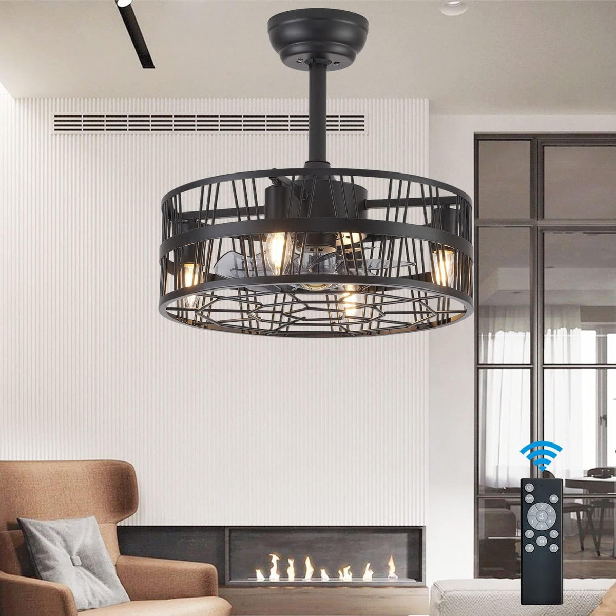 20 in. Black Caged Ceiling Fan with Light Remote Control, Bladeless In — ErisView
