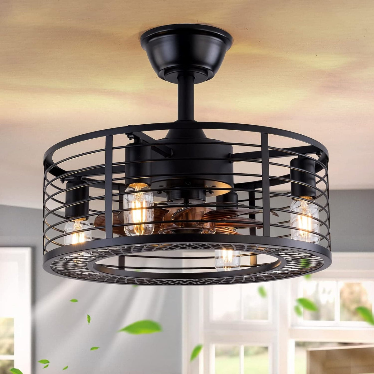20 in. Black Caged Ceiling Fan with Light Remote, Lightweight Ceiling ...