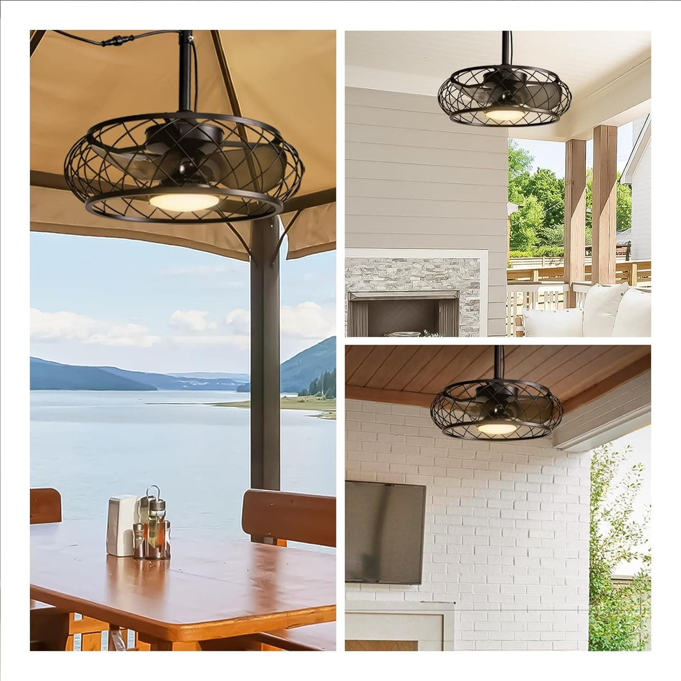 20 in. Black Outdoor Ceiling Fans with Light and Remote, Dimmable Cage ...
