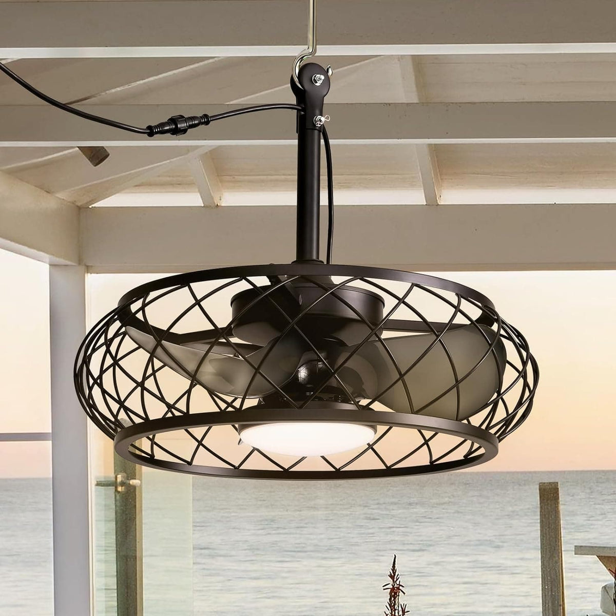 20 in. Black Outdoor Ceiling Fans with Light and Remote, Dimmable Cage ...
