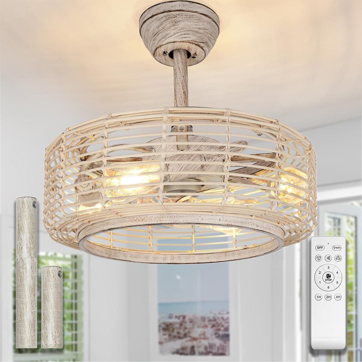 20 in. Boho Rustic Caged Ceiling Fans, Wicker Ceiling Fan with Light a ...