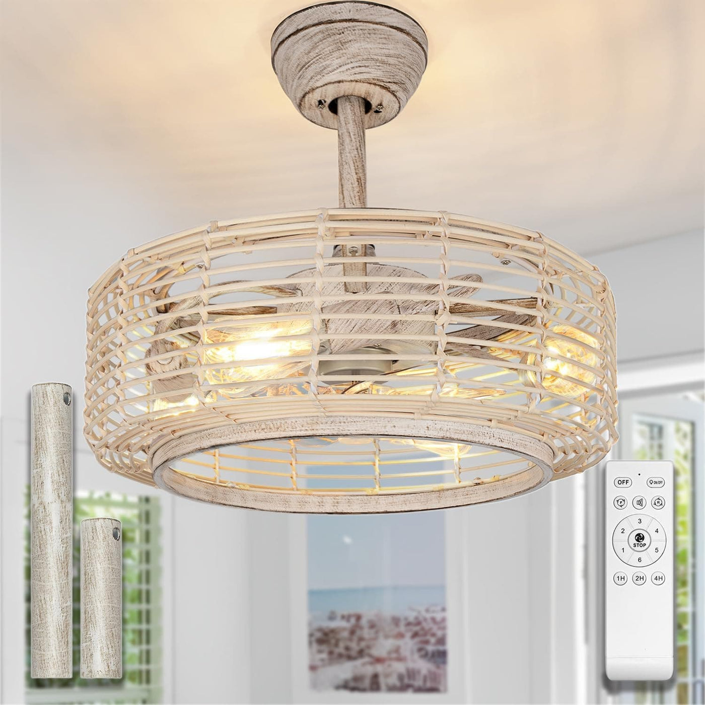 20 in. Boho Rustic Caged Ceiling Fans, Wicker Ceiling Fan with Light a ...