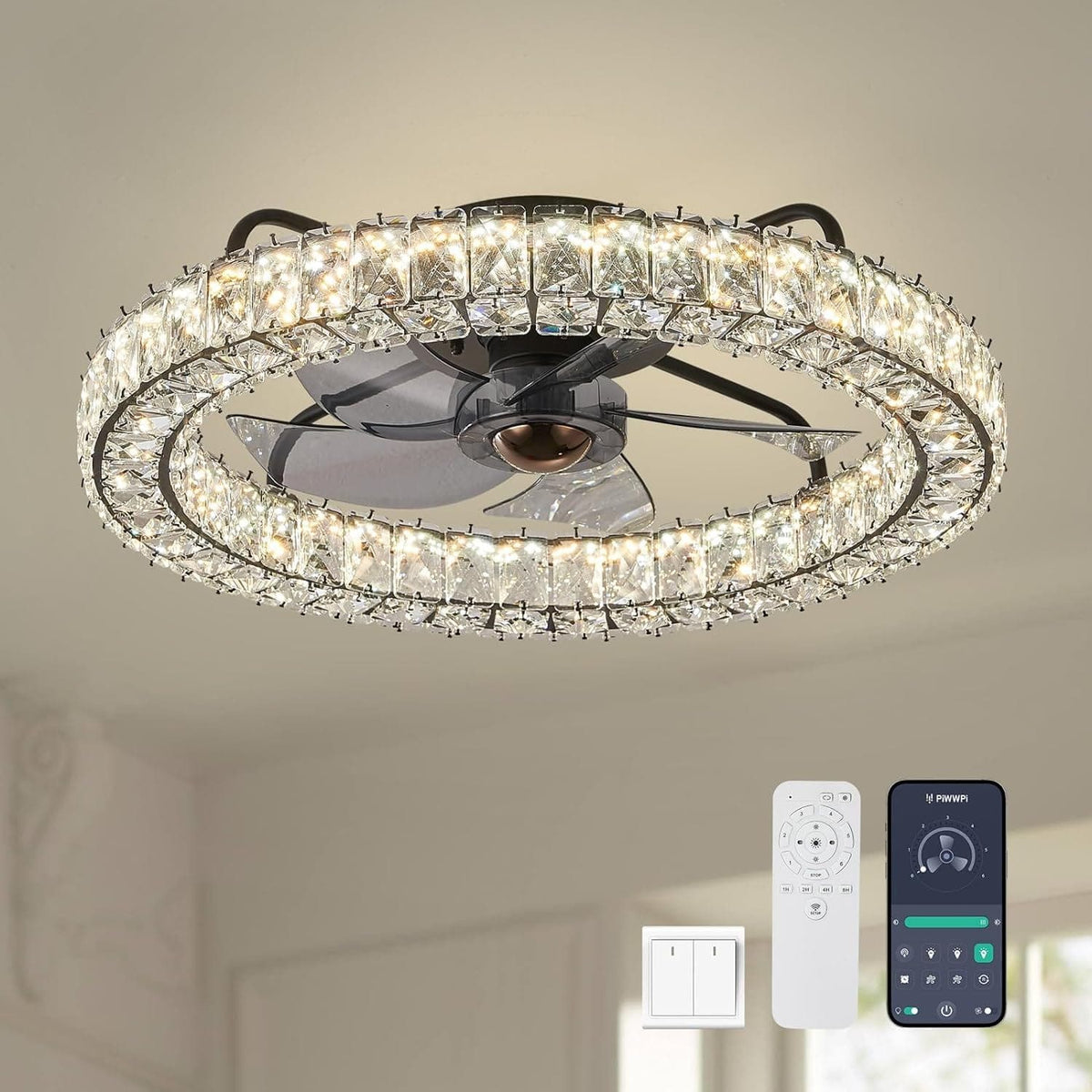 20 in. Crystal Ceiling Fan with Light and Remote, Flush Mount Chandeli — ErisView