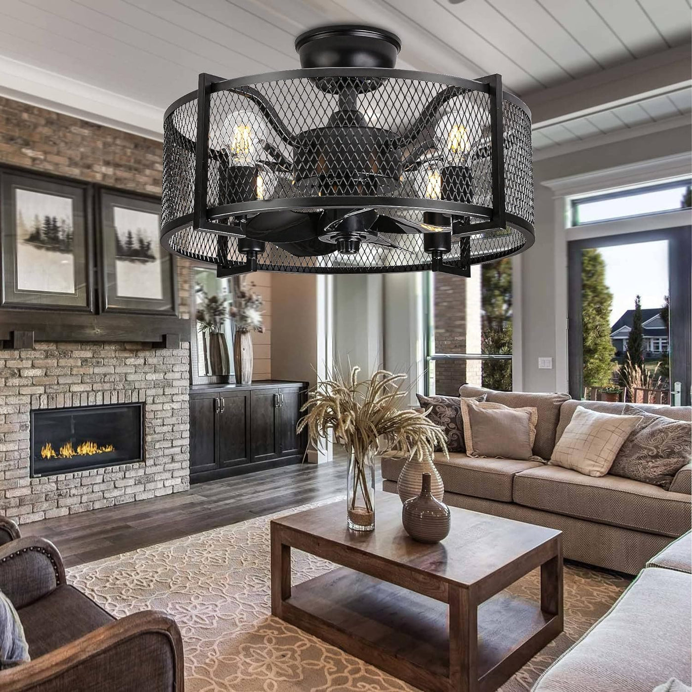 20 in. Farmhouse Flush Mount Ceiling Fan with Light Fixture, Caged Cei — ErisView