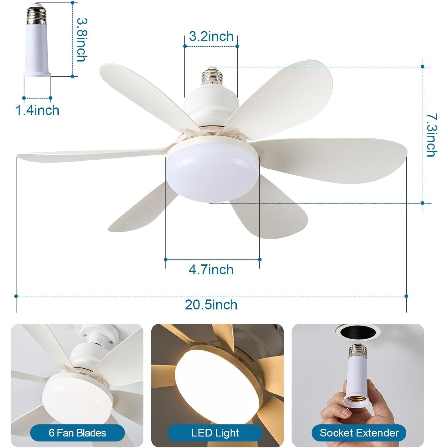 20 in. Light Socket Fan with Lights and Remote, Dimmable LED Cordless ...