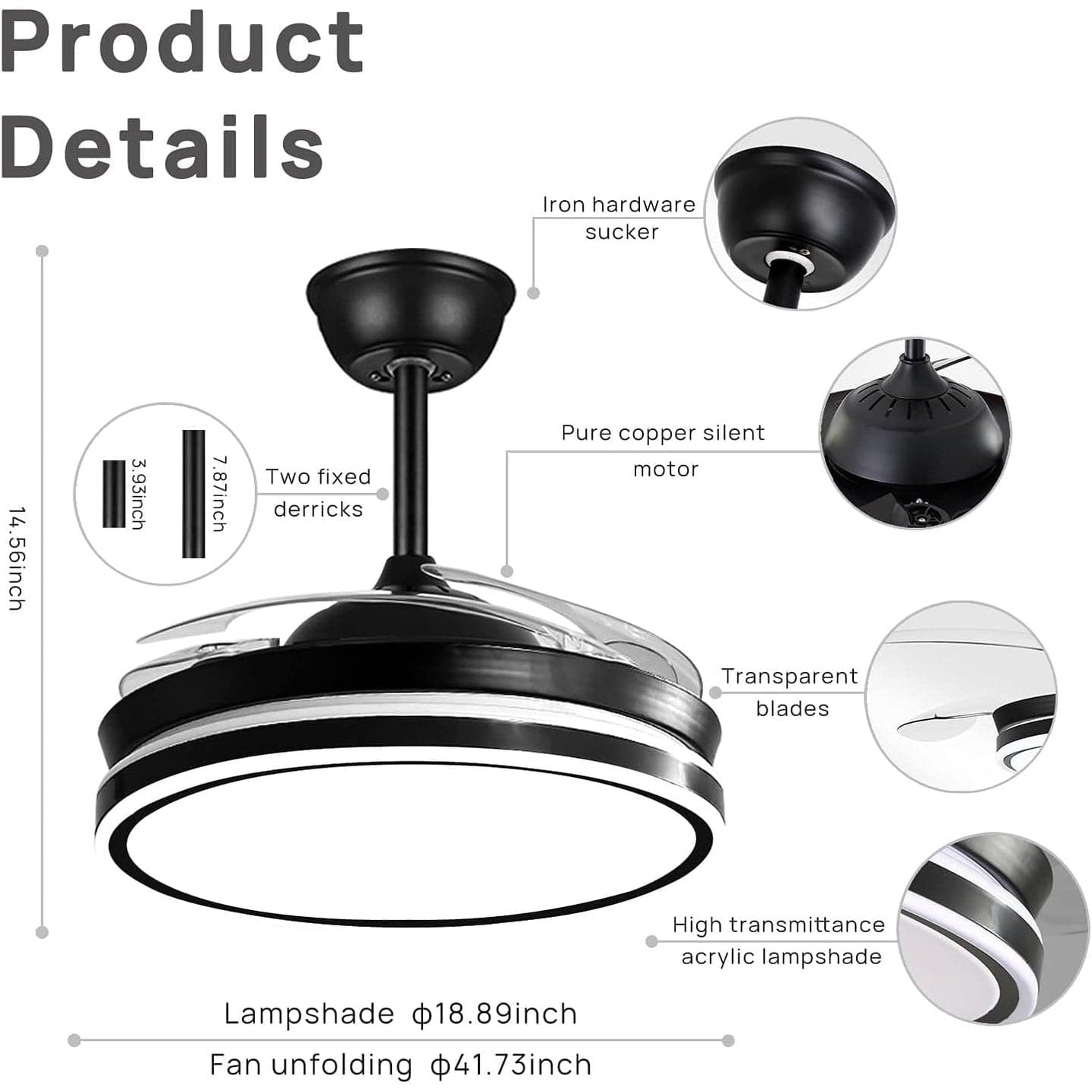 42 in. Black Retractable Ceiling Fan with Light and Remote Control for ...