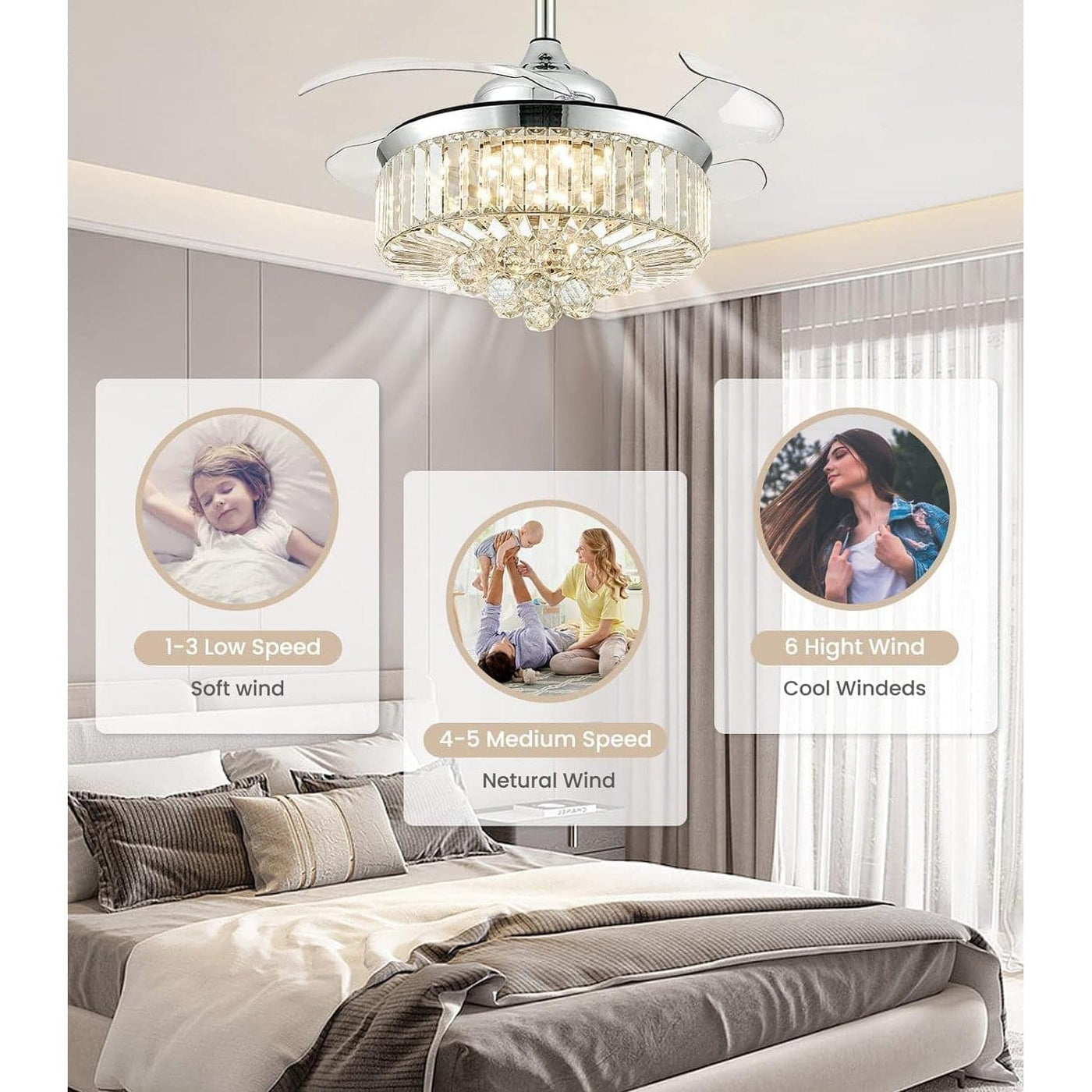 42 in. Luxury Retractable Fandelier Ceiling Fan, Magic Dimmable Crysta ...