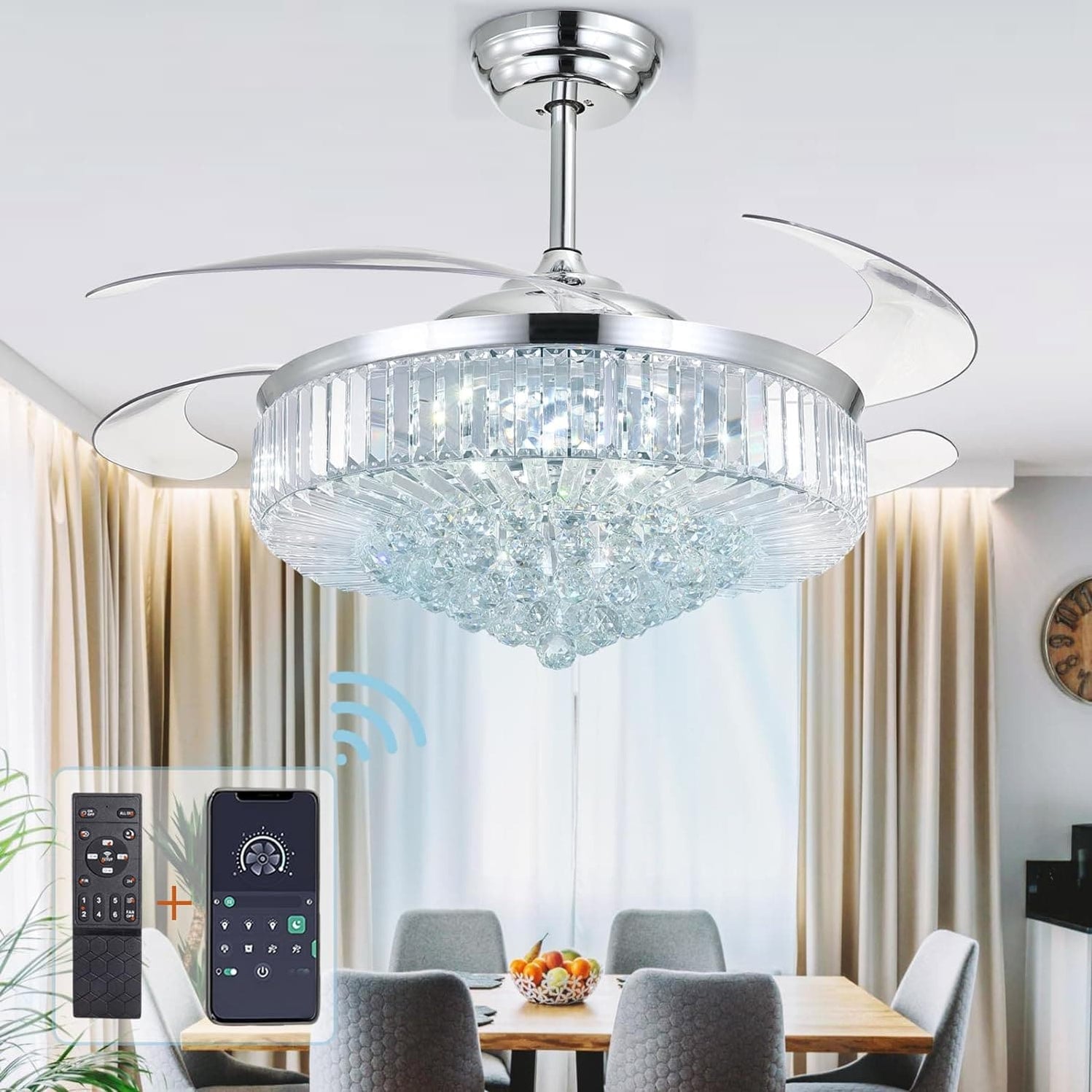 42 in. Luxury Retractable Fandelier Ceiling Fan, Magic Dimmable Crysta ...