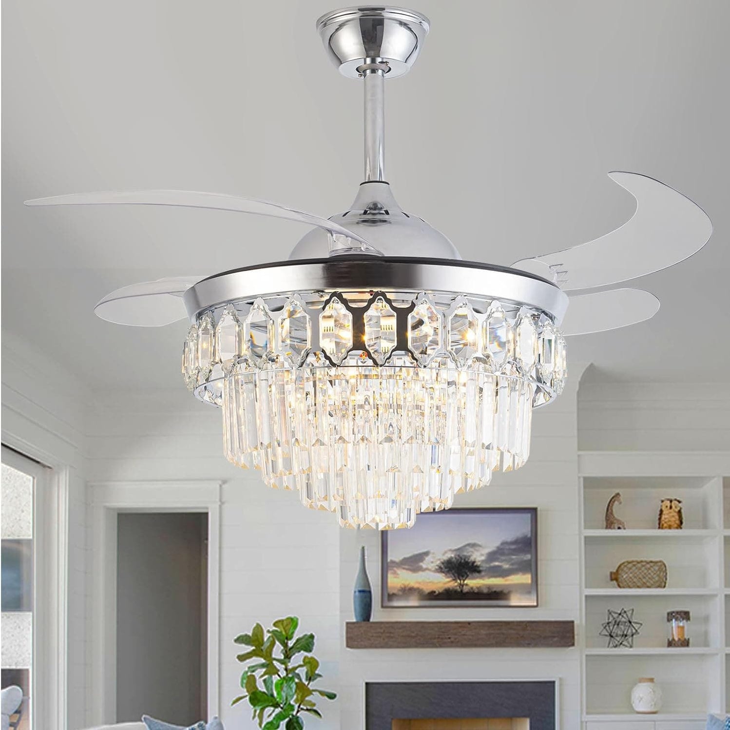 42 in. Modern Crystal Ceiling Fan with Lights and Remote, Silent Retra ...