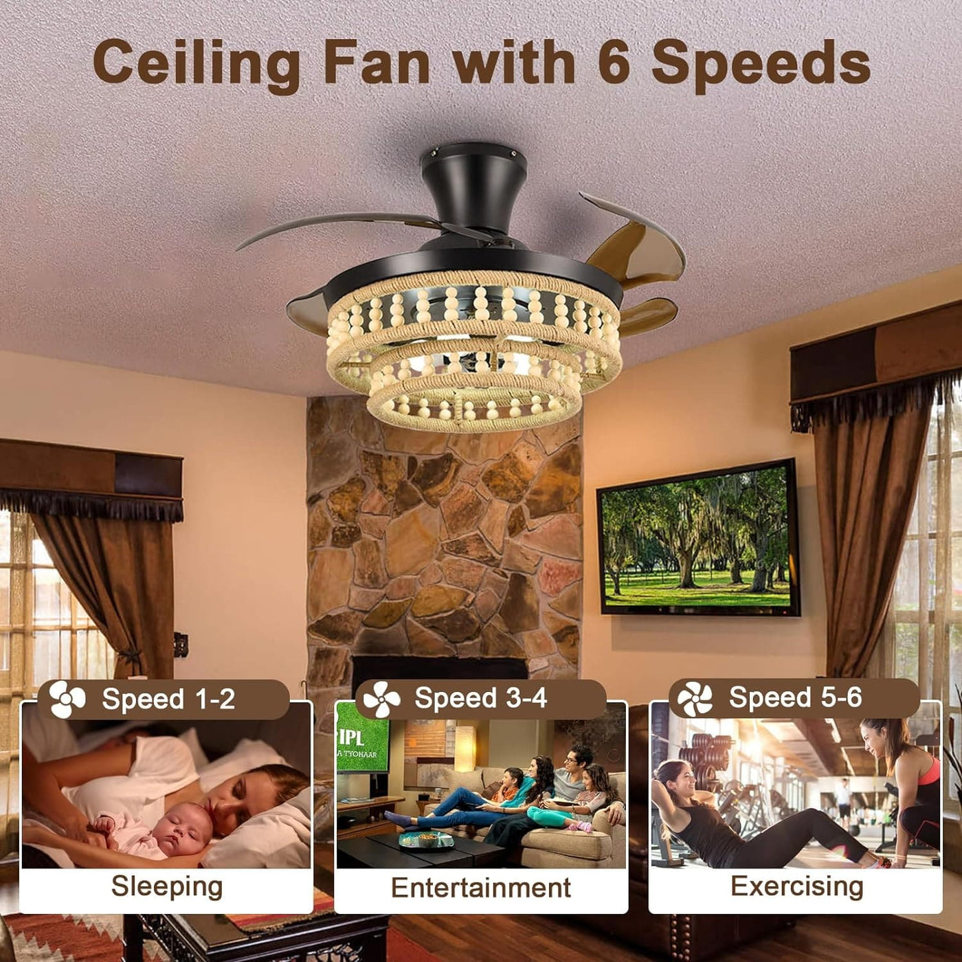 48 in. Wood Beads Boho Ceiling Fan, Farmhouse Caged Ceiling Fan with L ...