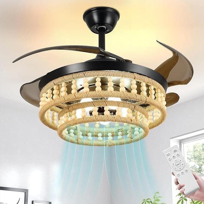 48 in. Wood Beads Boho Ceiling Fan, Farmhouse Caged Ceiling Fan with L ...