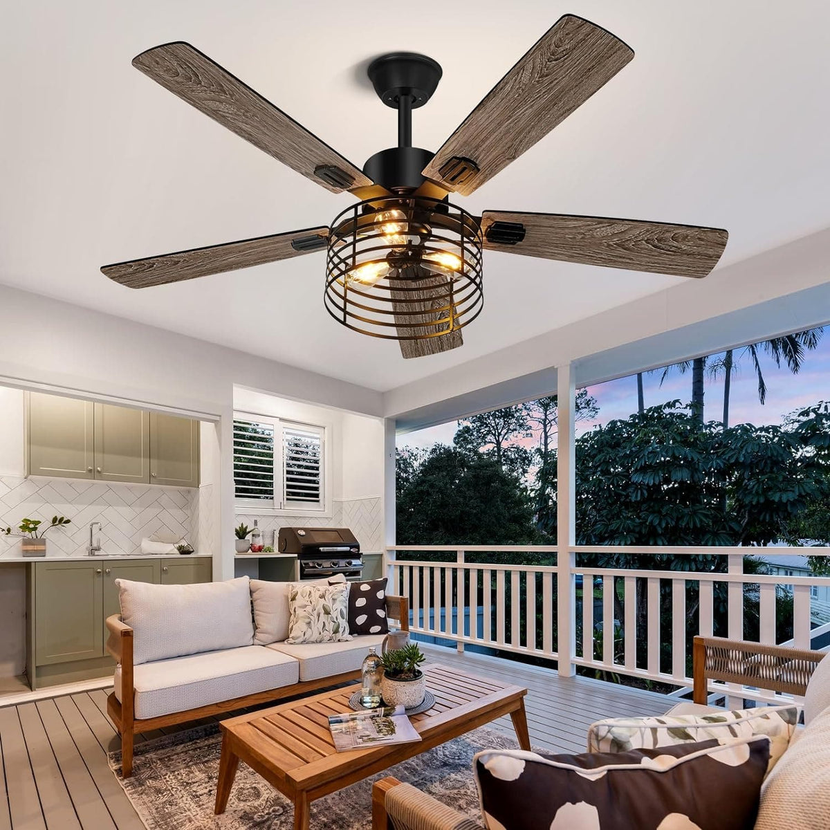 52 in. Farmhouse Ceiling Fan with Light and Remote, Rustic Caged Ceili — ErisView