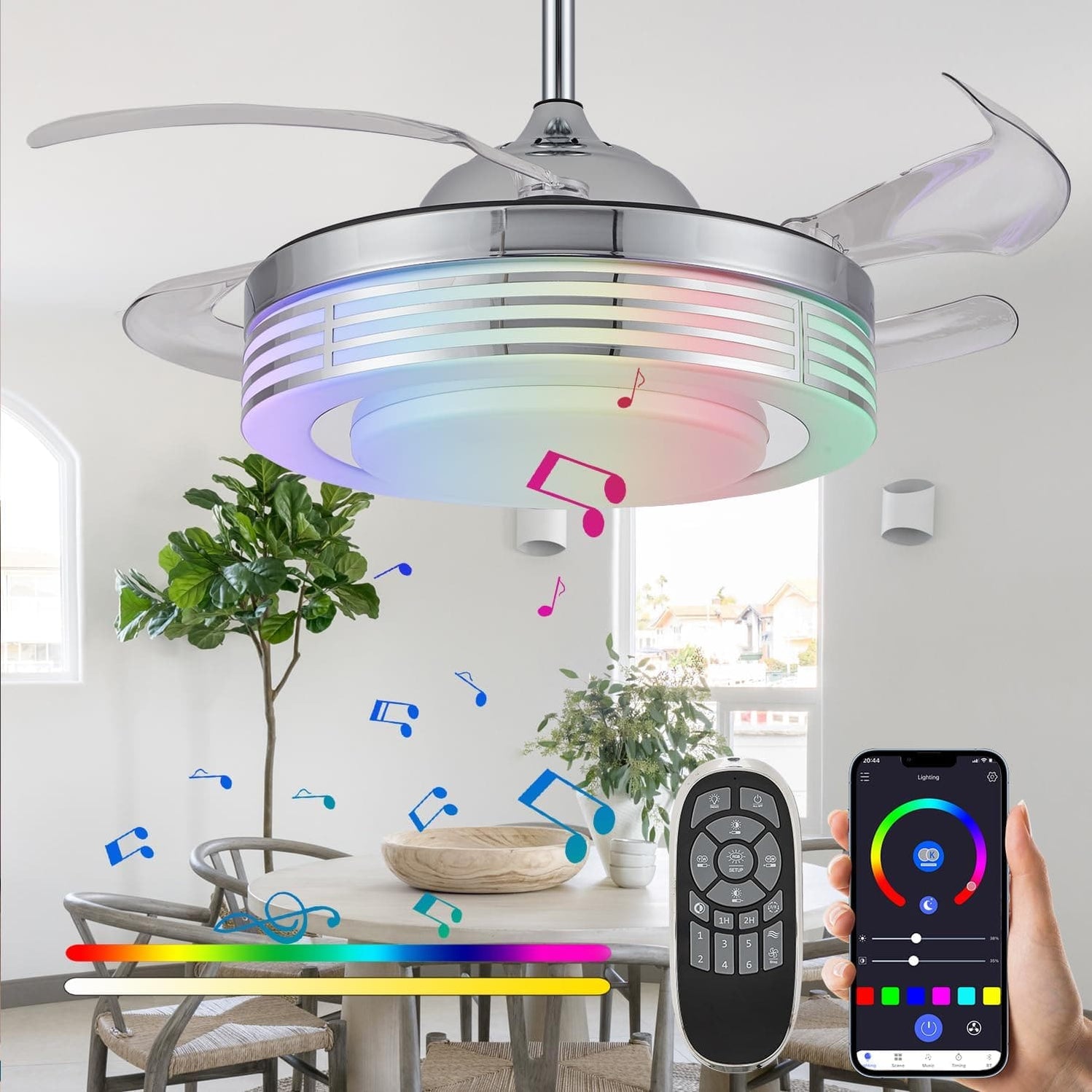 Bluetooth Ceiling Fan with Light and Speaker APP Control, Modern RGB R — ErisView