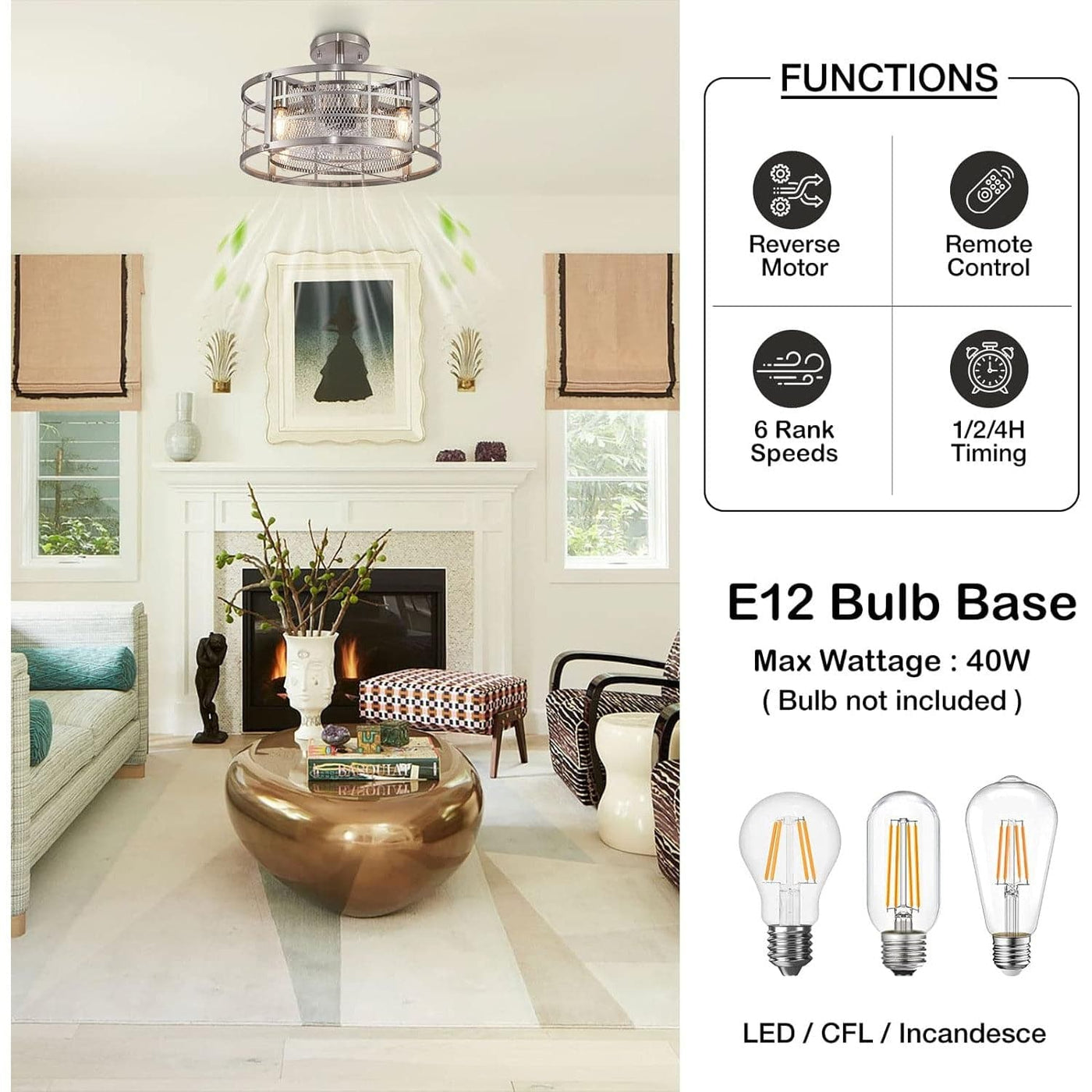 Caged Chrome Brushed Nickel Ceiling Fandelier with Light and Remote, M — ErisView