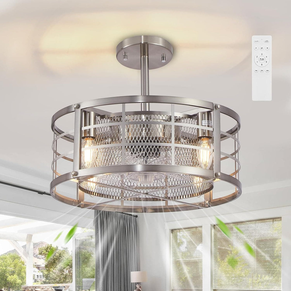Caged Chrome Brushed Nickel Ceiling Fandelier with Light and Remote, M ...