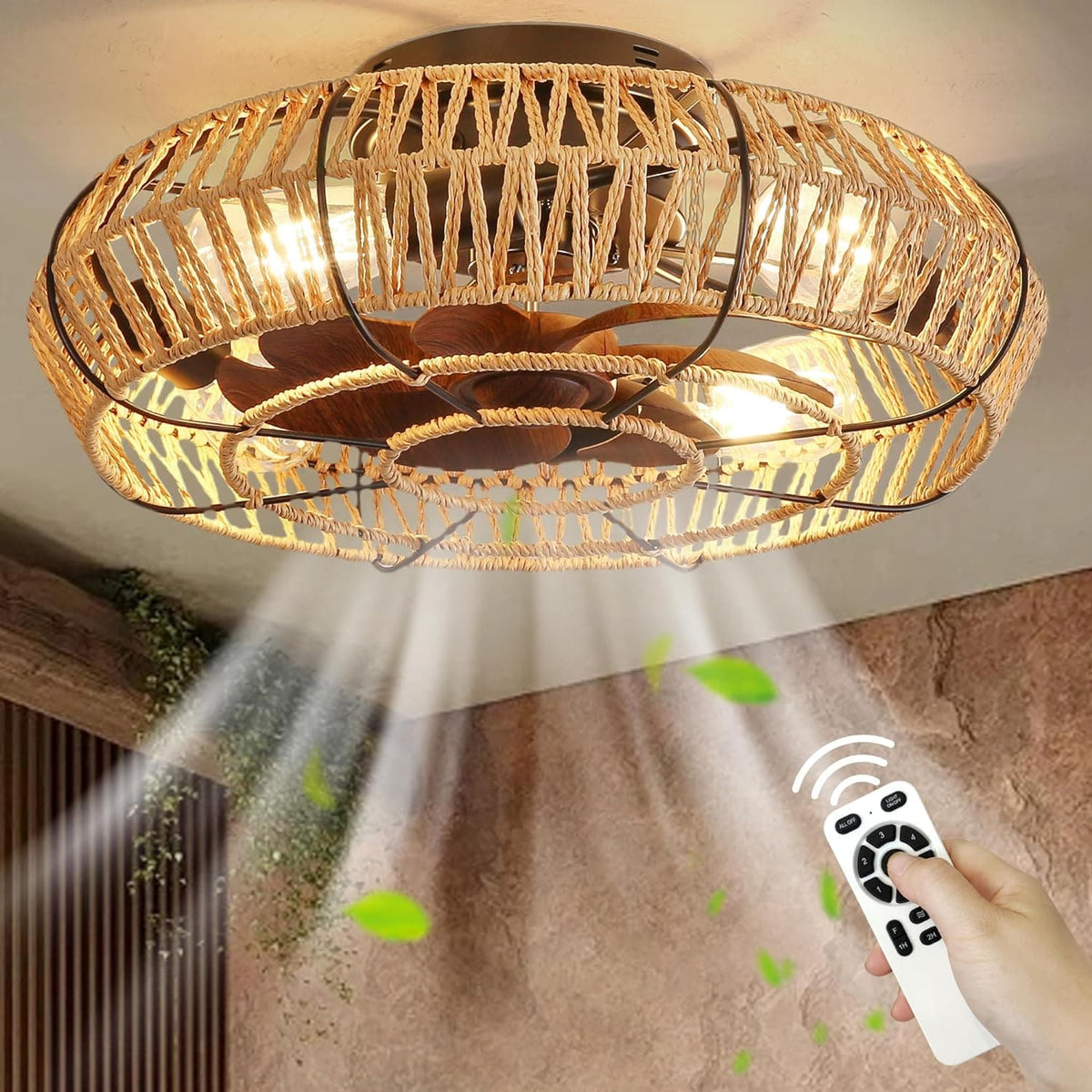 Caged Low Ceiling Fan with Light and Remote, Boho Farmhouse Rattan Cei ...