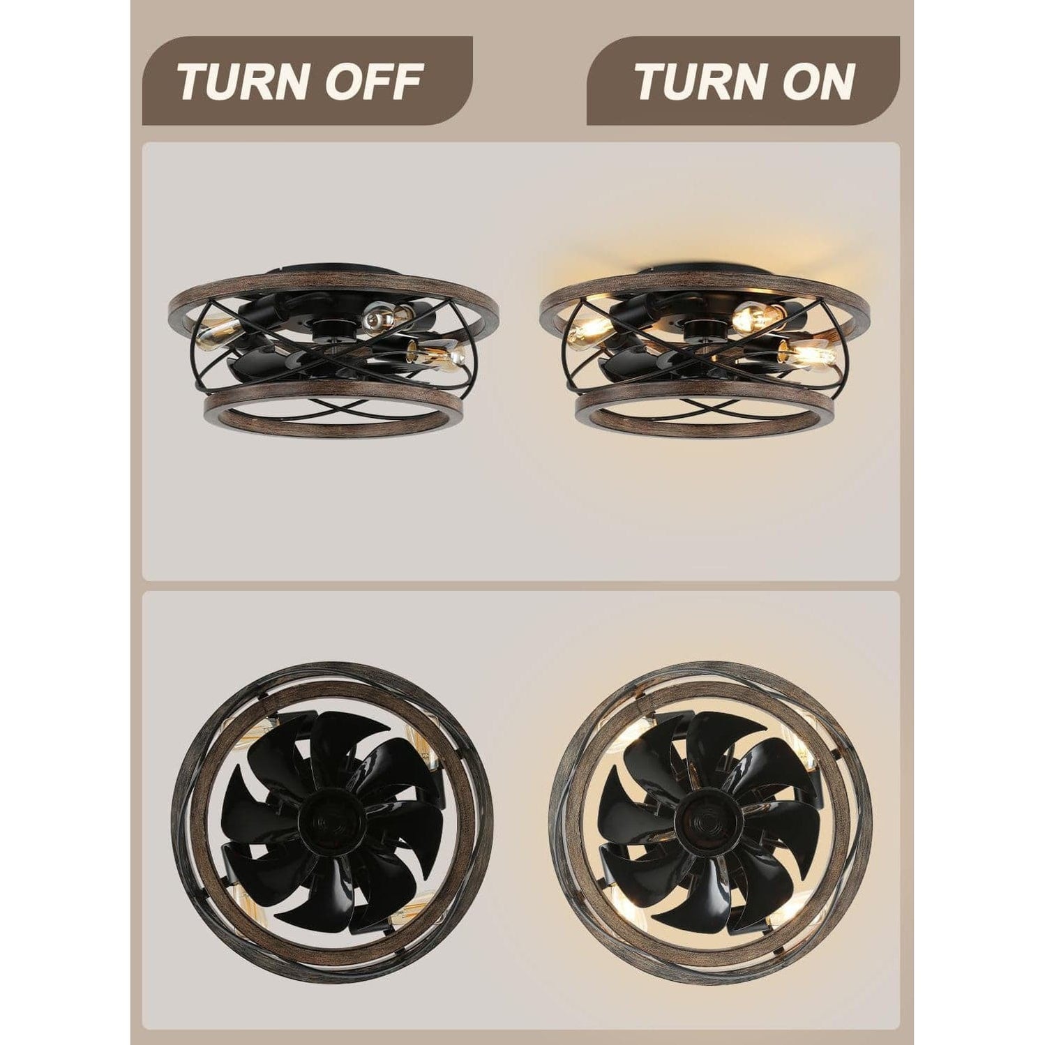 Farmhouse Drum Shape Wood Flush Mount Ceiling Fan with Light, French C — ErisView