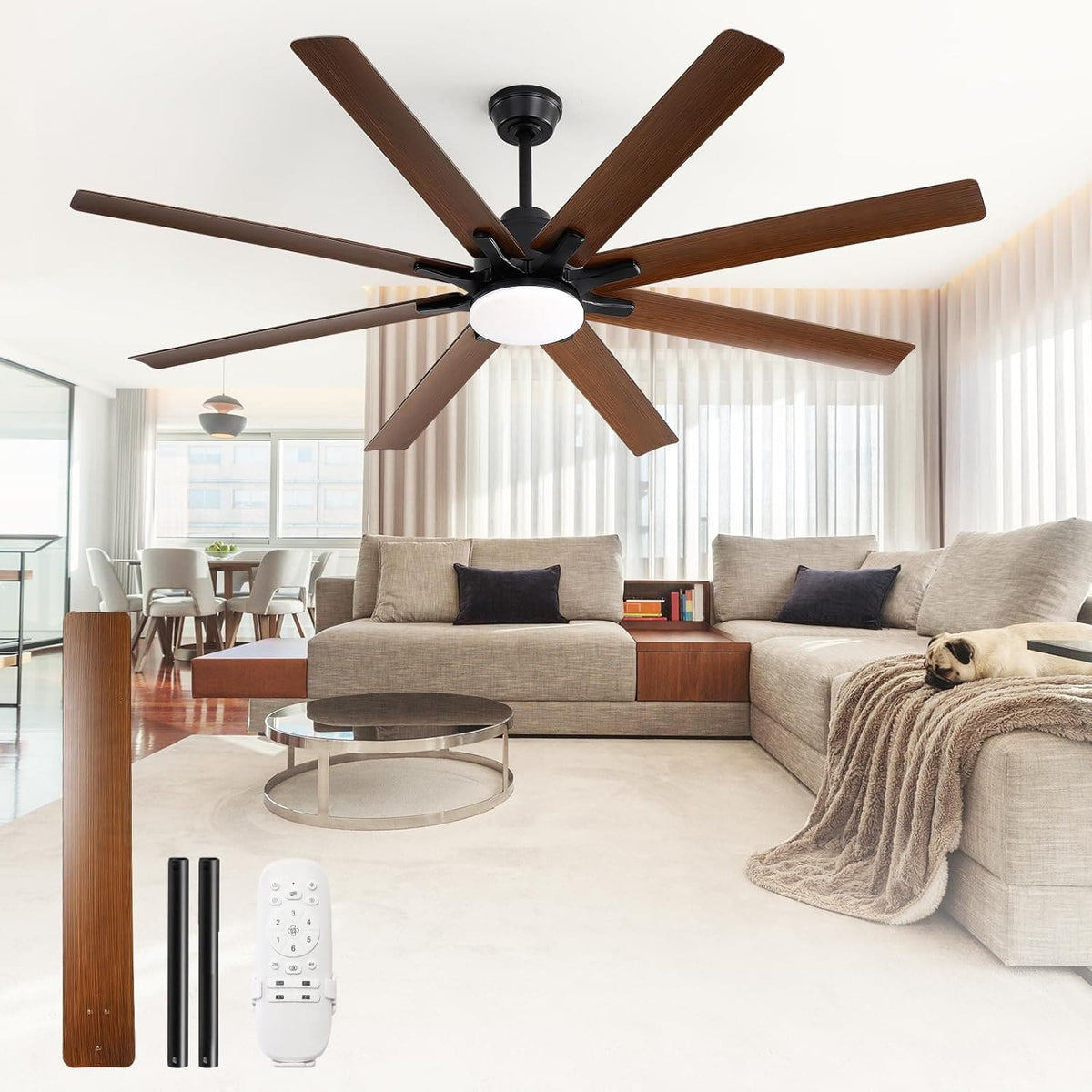 Farmhouse Large Remote Ceiling Fan with Light Control, Moisture Resist — ErisView