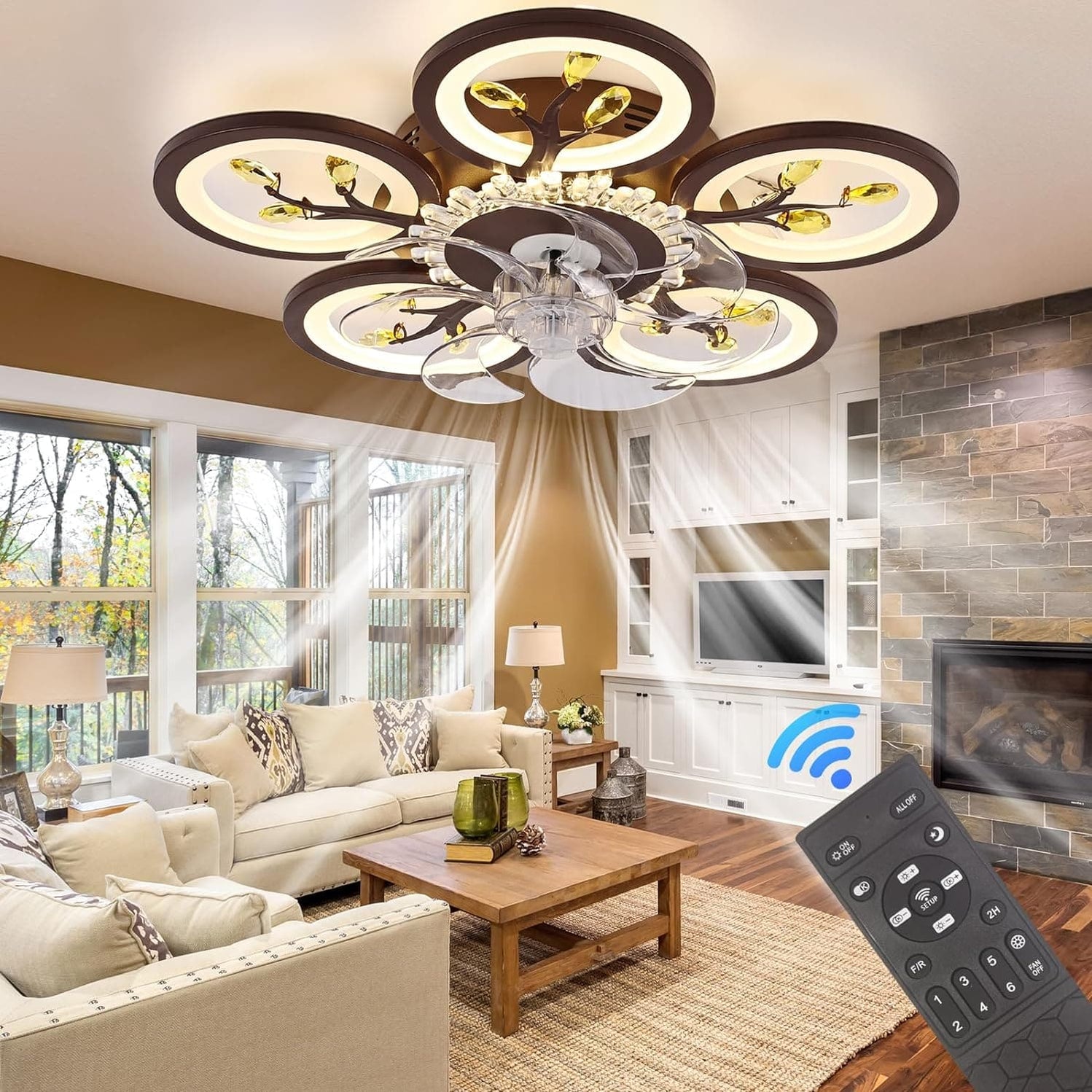 Flower Remote Control Ceiling Fan with Light, Silent Dimmable Invisibl ...
