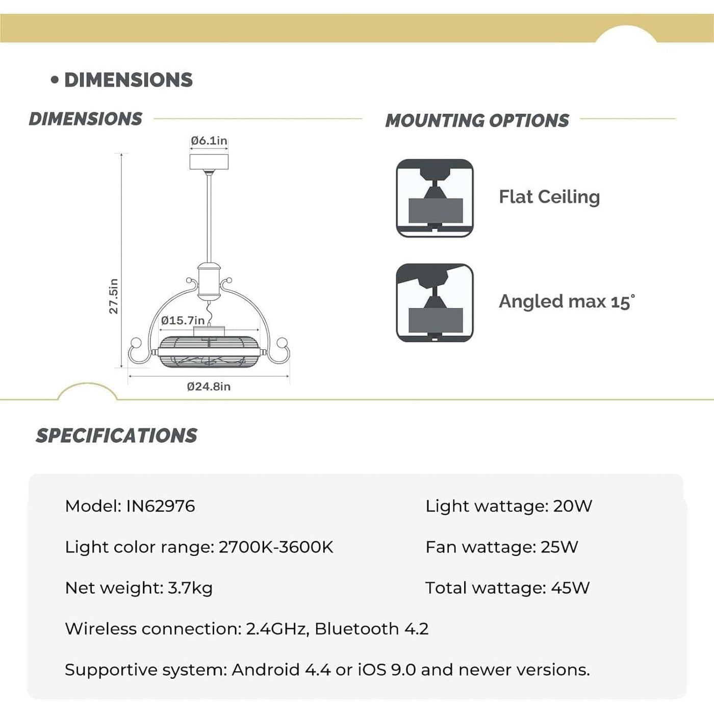 Garage Ceiling Fan with Remote, Farmhouse Ceiling Fan with LED Light f ...