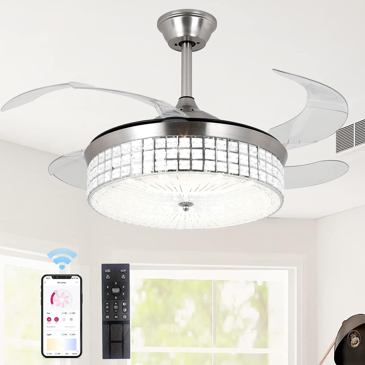 Retractable Ceiling Fan with Lights and Remote, Modern LED Ceiling Fan ...