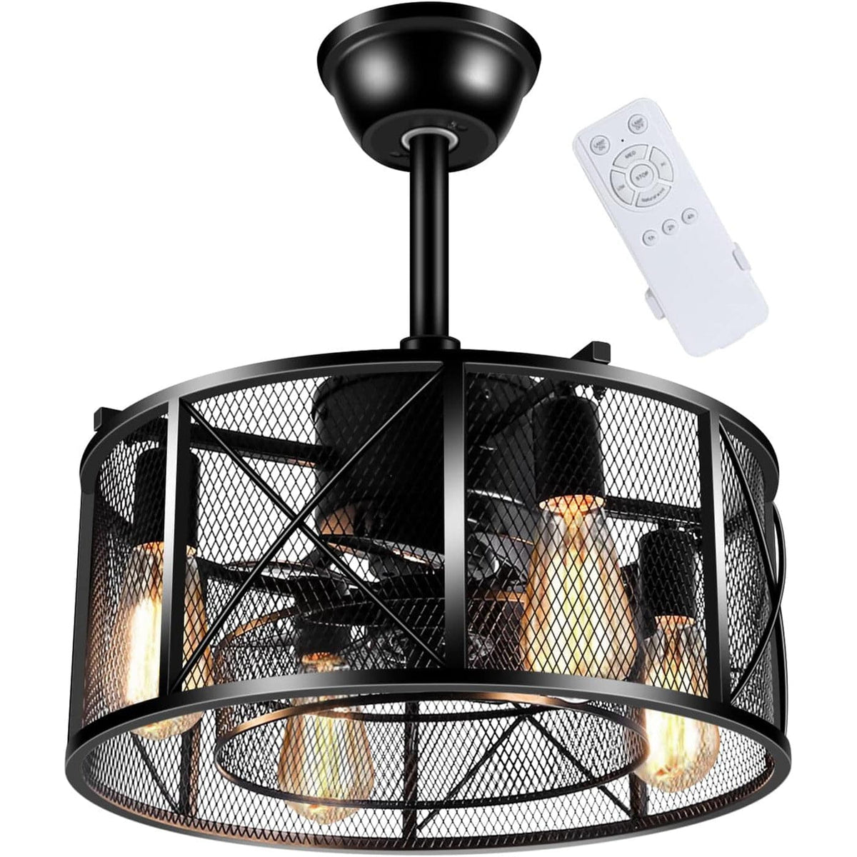 Small Enclosed Caged Ceiling Fan with Light and Remote, Black Farmhous ...